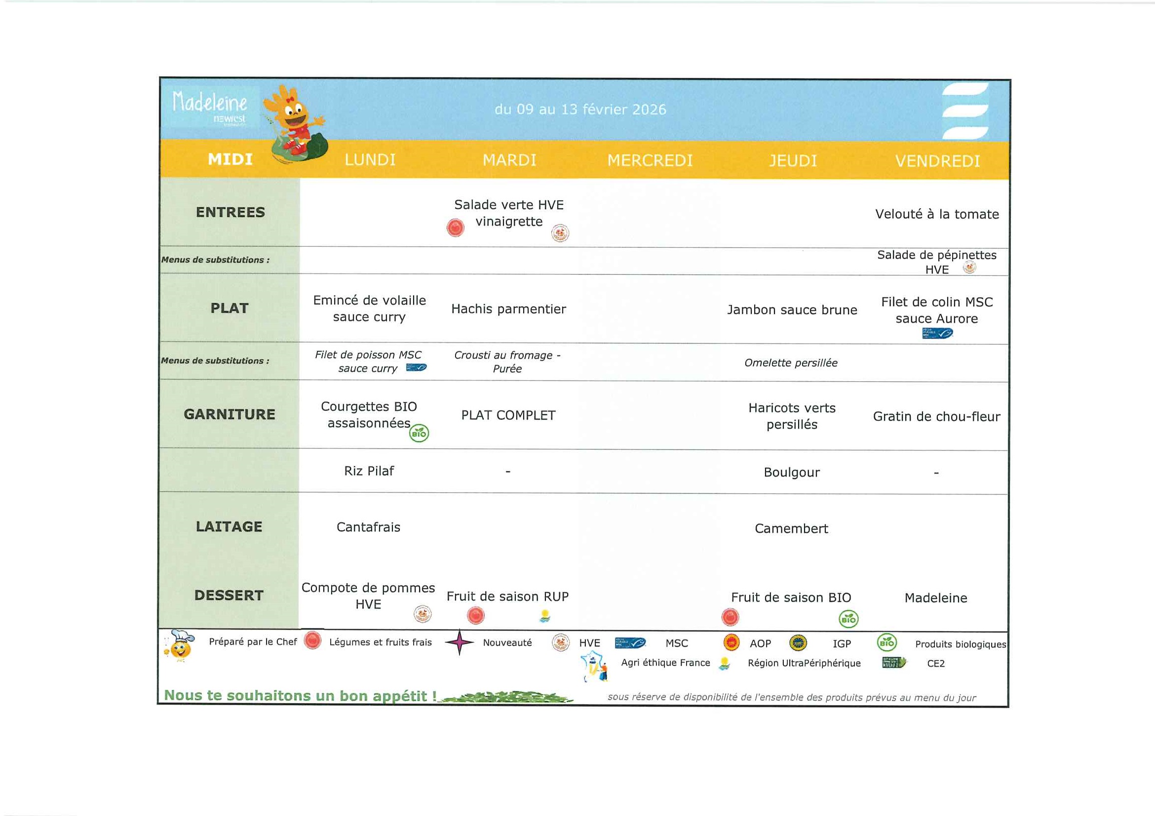 Scolaire – Menu de la cantine du 09 au 13 février 2026 – Ville de Guise